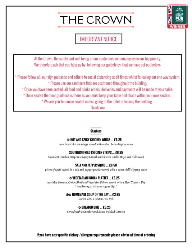Main Menu - Crown Inn